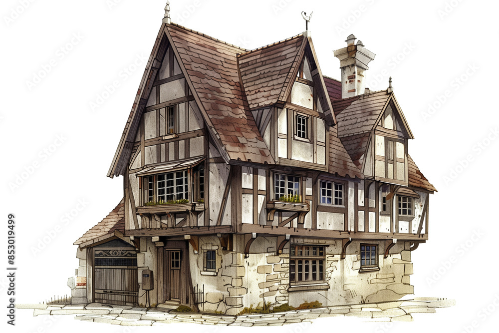 Illustration of Vintage Tudor Style House with Stone Foundation ...