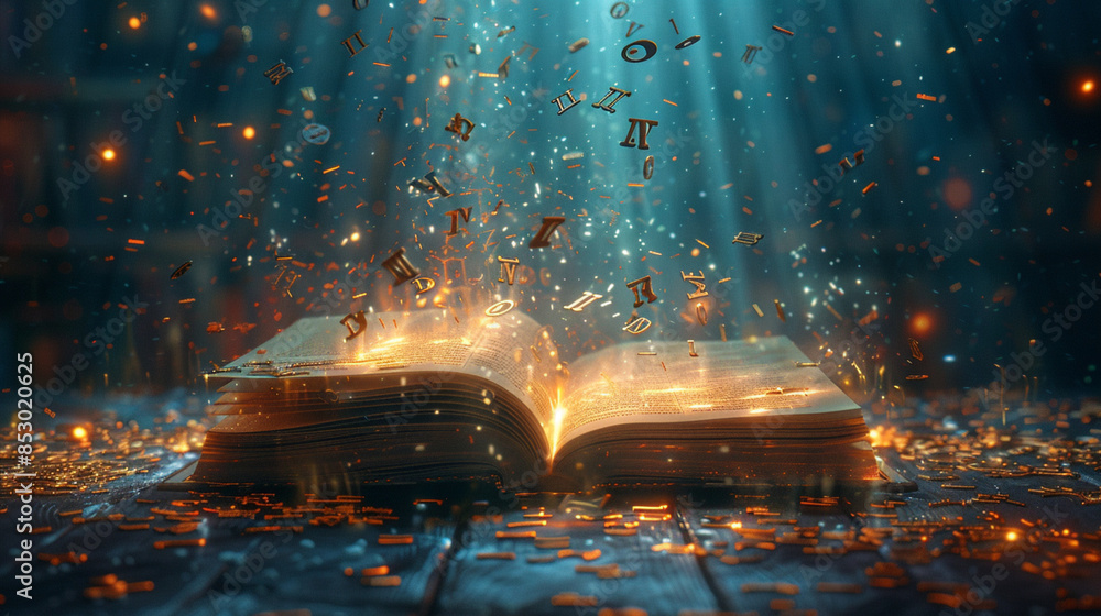 Enchanting open book with alphabet letters and dazzling light rays ...