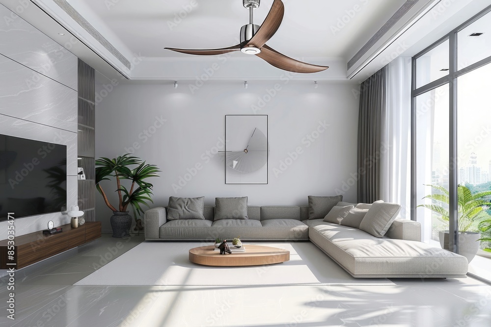 A sleek and minimalist ceiling fan with wooden blades and a brushed ...