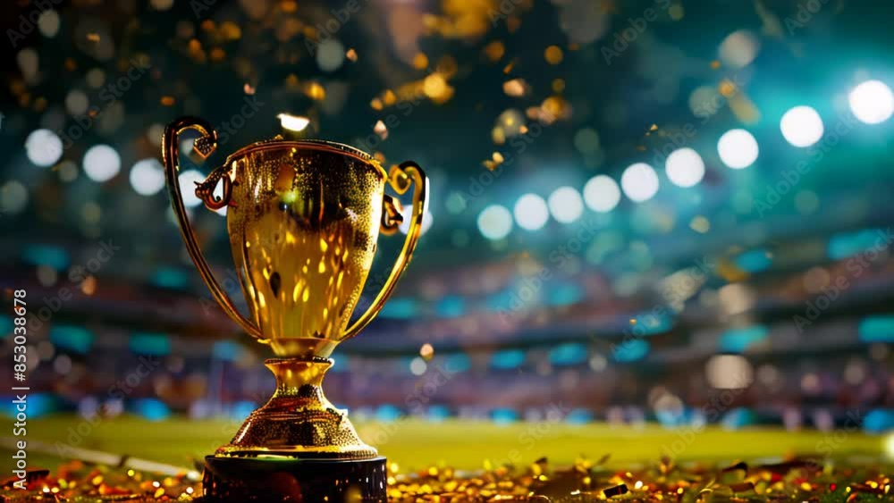gold winners sports cup on festive blurred sport. stadium background ...