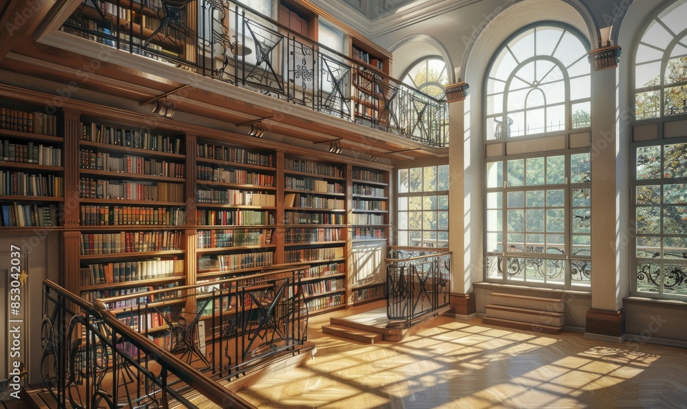 Elegant library interior with a mezzanine, wrought iron railings and ...