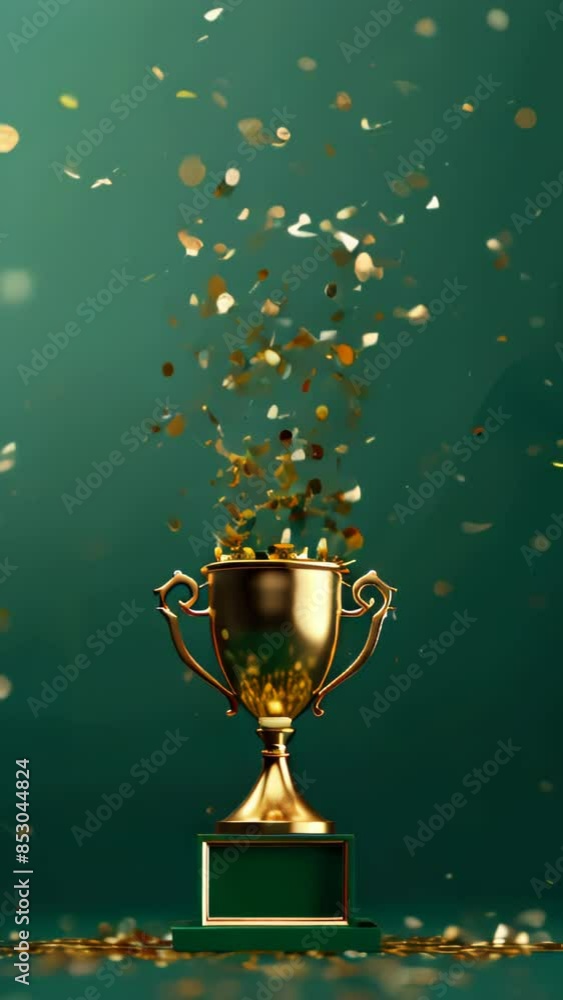 gold winners sports cup on festive green background with confetti ...
