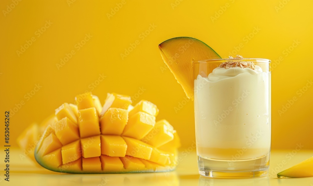 Mango and honey yogurt on a light yellow surface Stock Photo | Adobe Stock