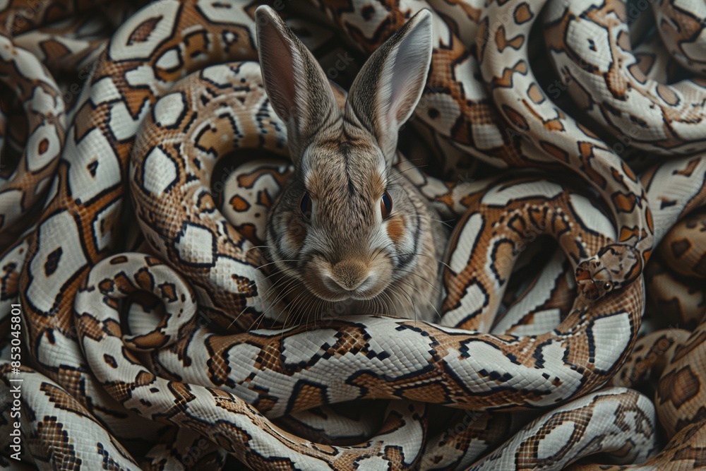 Cute fluffy rabbit victim surrounded by poisonous snake in a trap ...