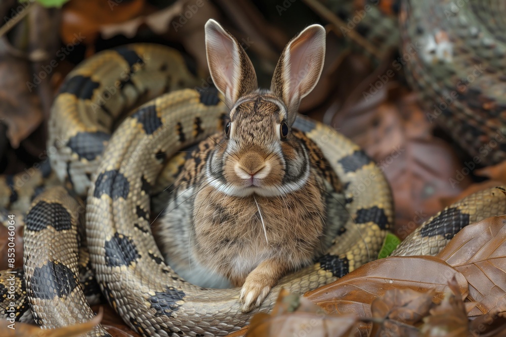 Cute fluffy rabbit victim surrounded by poisonous snake in a trap ...