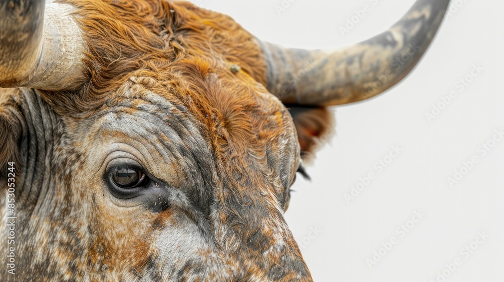 Photograph of a Push Bull's head in close-up, its powerful horns ...