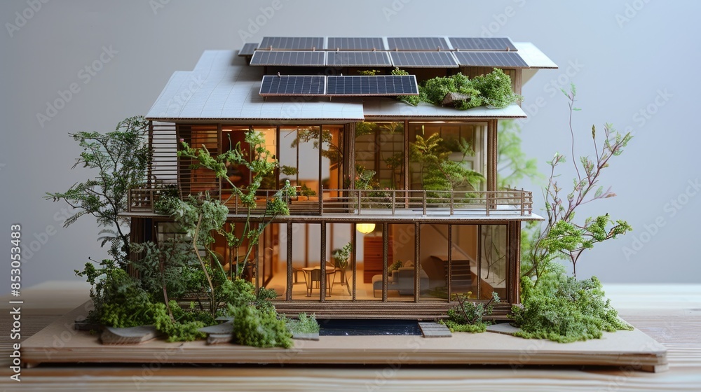Architectural model of an eco-friendly house with solar panels and ...