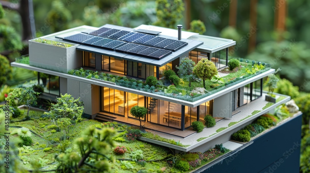 Architectural model of an eco-friendly house with solar panels and ...