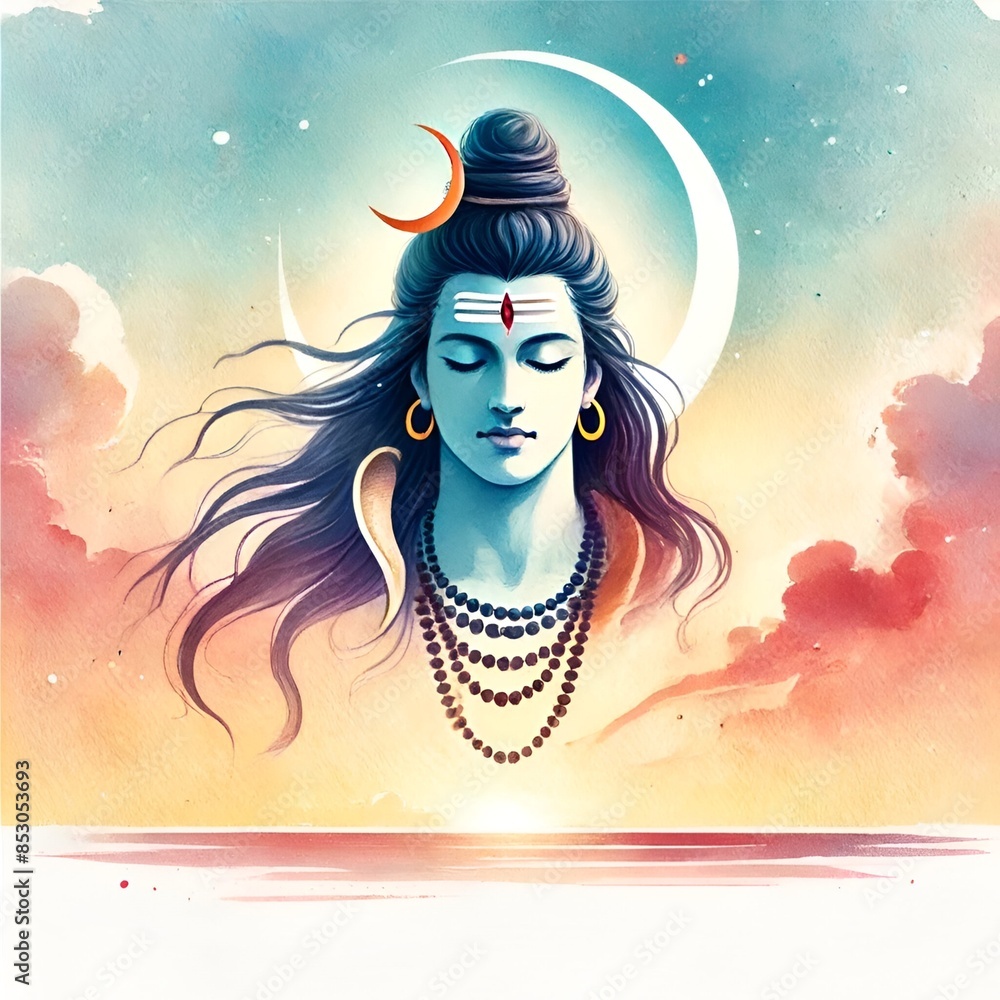 Watercolor illustration of lord shiva portrait for sawan shivratri ...