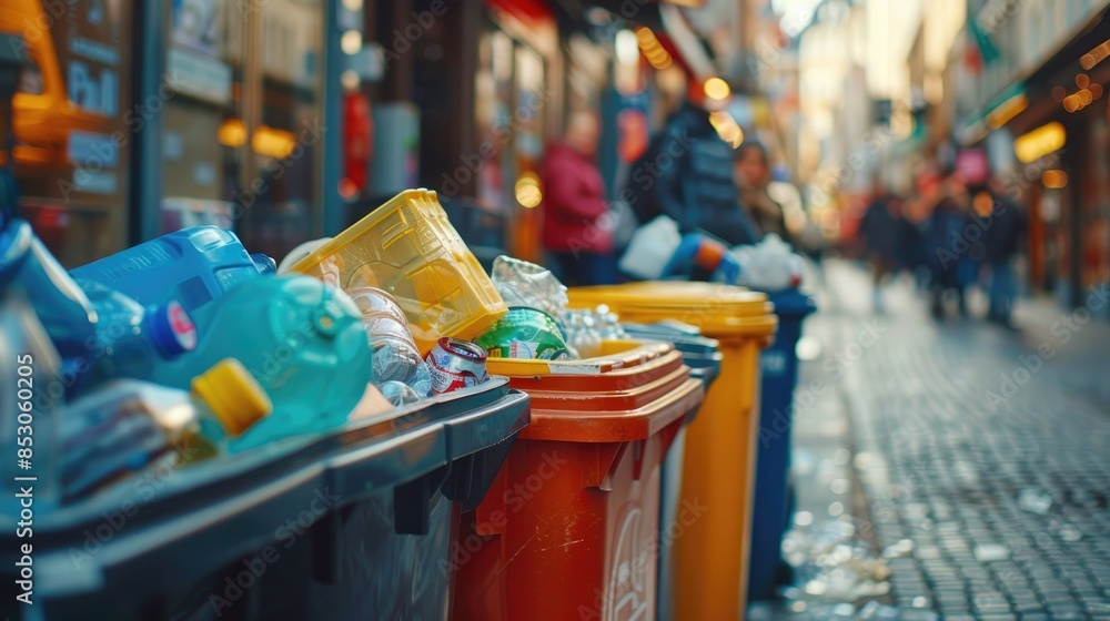 Row of colorful trash bins overflowing with waste on a busy city street ...