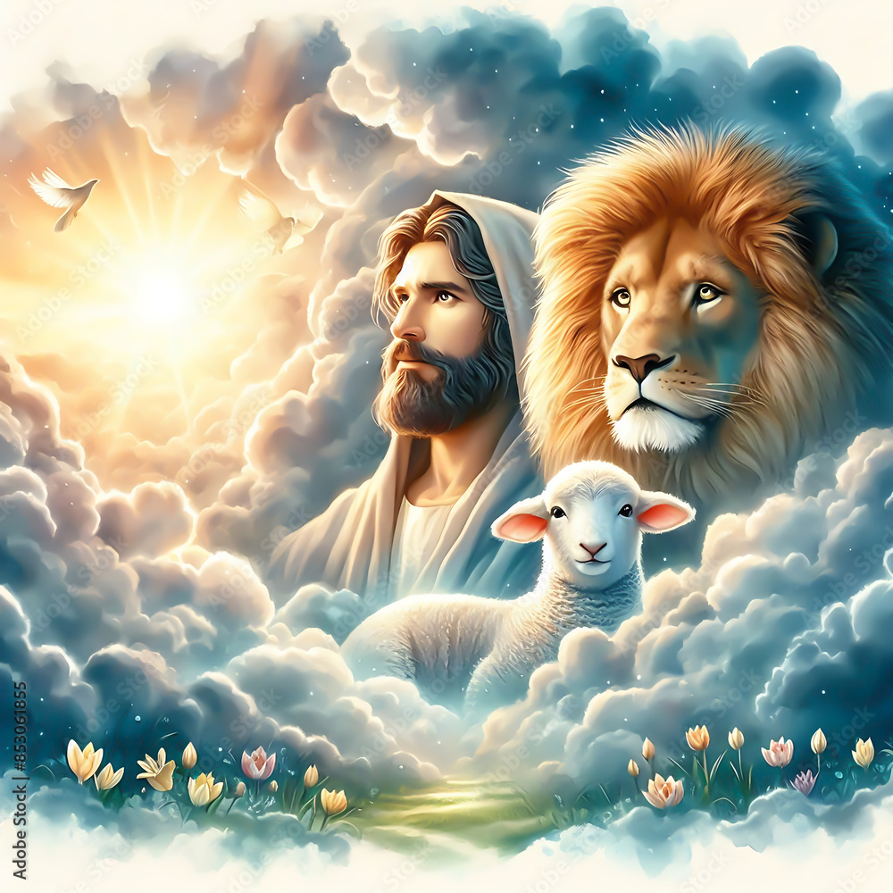 Jesus, the lion, the lamb of God. Digital watercolor painting Stock ...