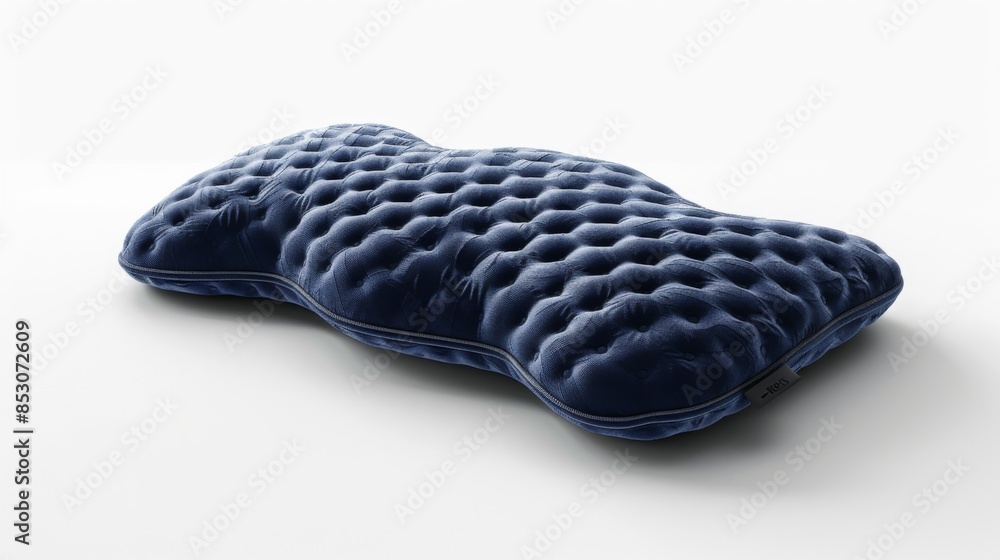 Tilted angle view of a sleek travel pillow, luxurious memory foam, rich ...