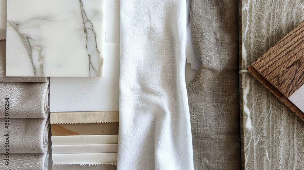 Interior design mood board, variety of material in white and grey color ...