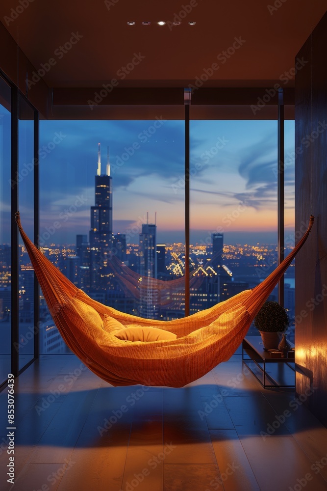 Ultra-wide-angle shot of an innovative, futuristic hammock in a luxury ...