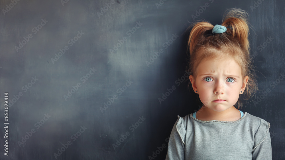 Little girl with a sad expression standing in front of a dark ...