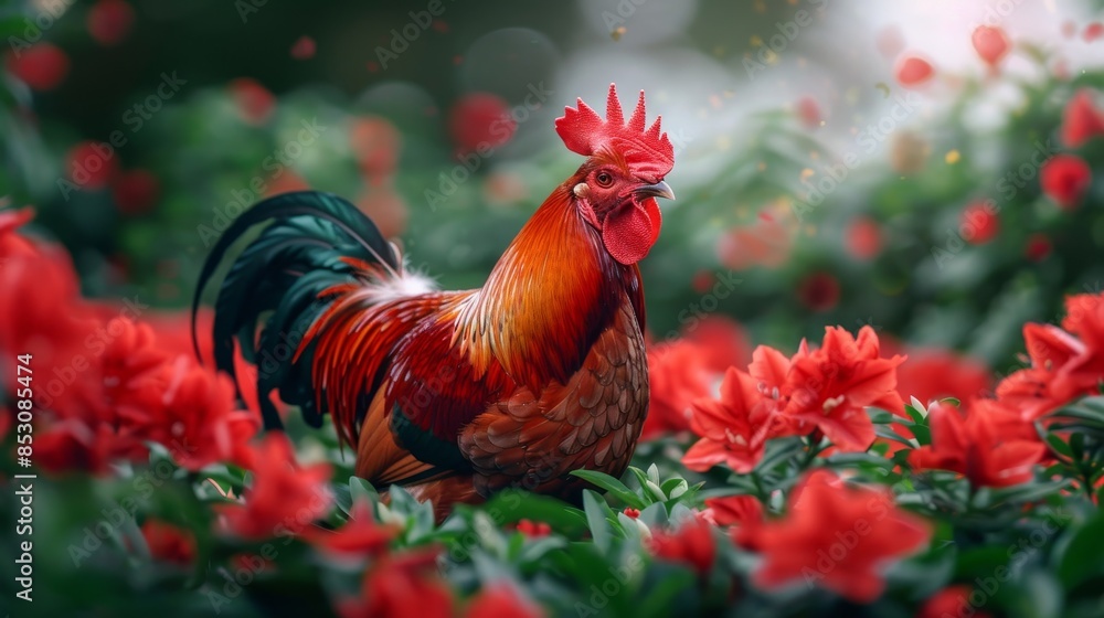 Majestic red rooster with a bright red transparent crown, long black ...