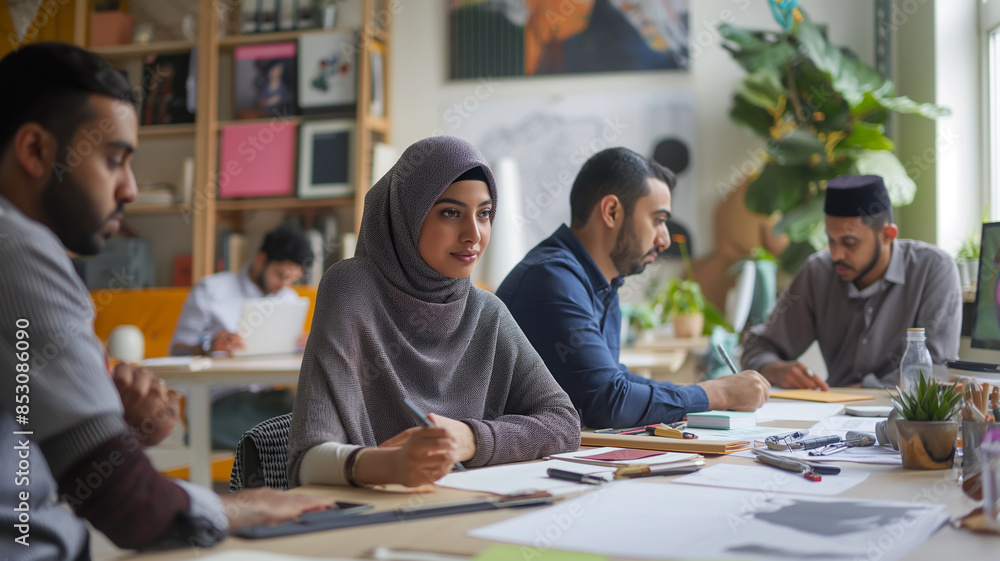 Professional hijabi woman actively listening of her coworker ...
