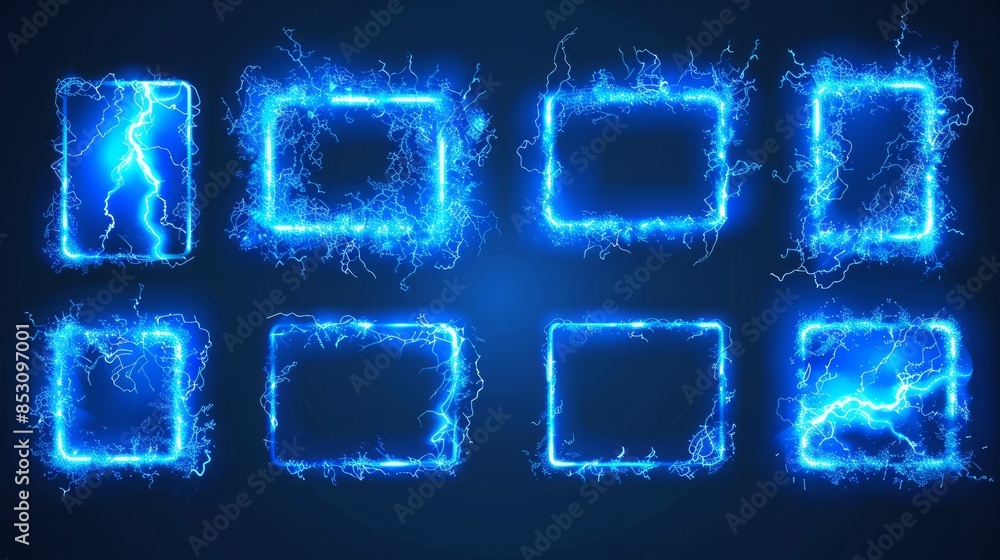 Lightning frames, blue electric borders of rectangular and square ...