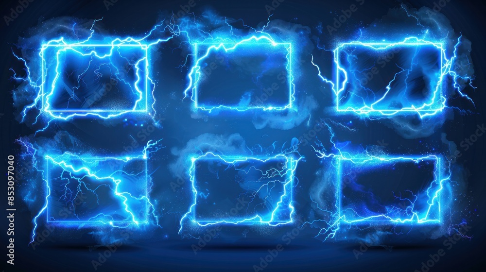 Lightning frames, blue electric borders of rectangular and square ...