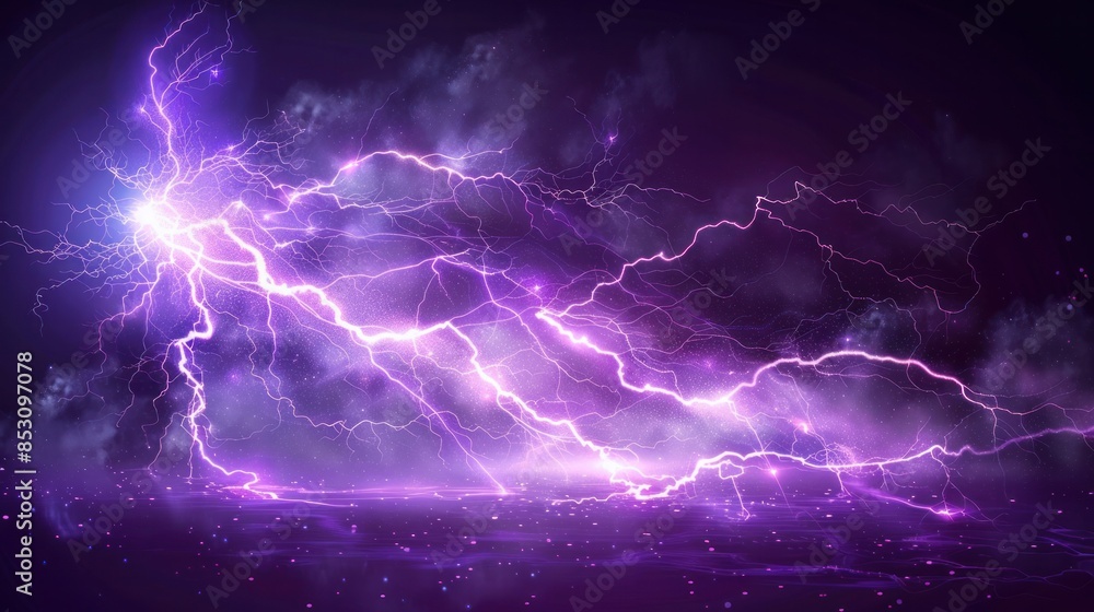 Lightnings, purple thunderbolt strikes at night. Electric impact ...
