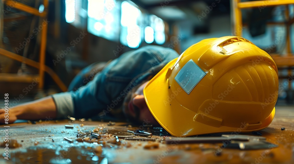 Construction site accident with fallen worker wearing yellow helmet ...