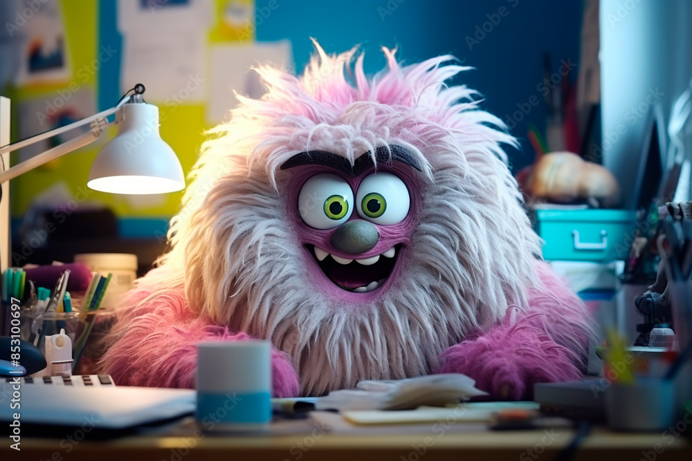 Smiling elderly white collar worker. Cute furry monster Secretary ...