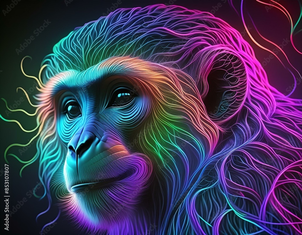 Up close profile of a capuchin monkey with details in vivid neon colors ...
