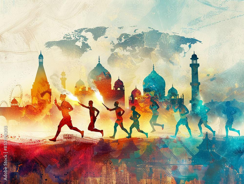 An artistic rendering of the Olympic torch relay, with runners passing ...