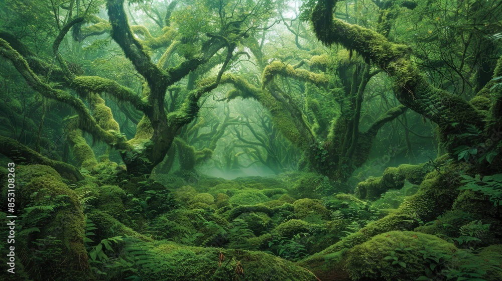 Immerse yourself in the lush green forest where trees are cloaked in ...