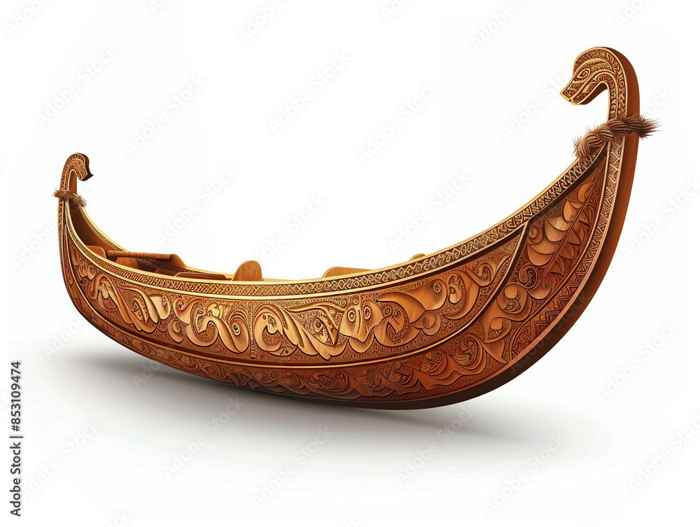 llustration of a traditional Polynesian outrigger canoe, decorated with ...