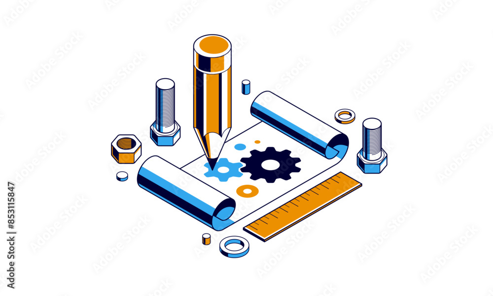 Mechanical engineering project concept, engine draft plan drawing ...