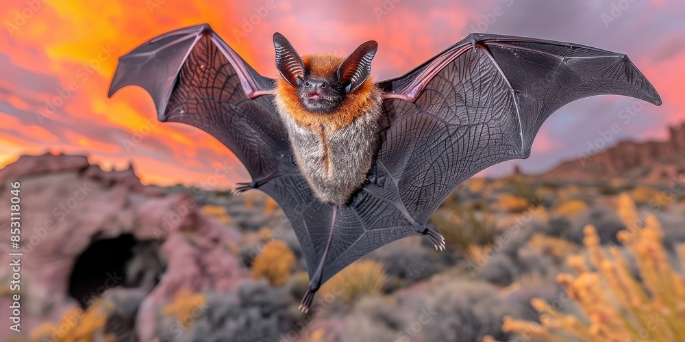 Majestic Bat Soaring at Sunset Over Rocky Terrain: Capturing Wildlife in Stunning Natural ...