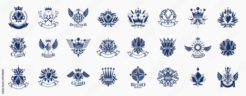 Classic style De Lis and crowns emblems big set, lily flower symbol ...