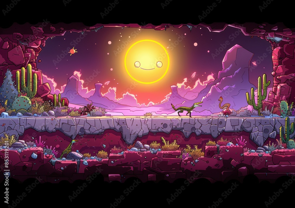 Retro Pixel Art Desert Scene with Cacti, Animated Animals, and a ...