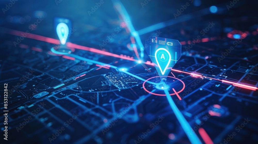 Digital map showing location with two icons representing artificial ...