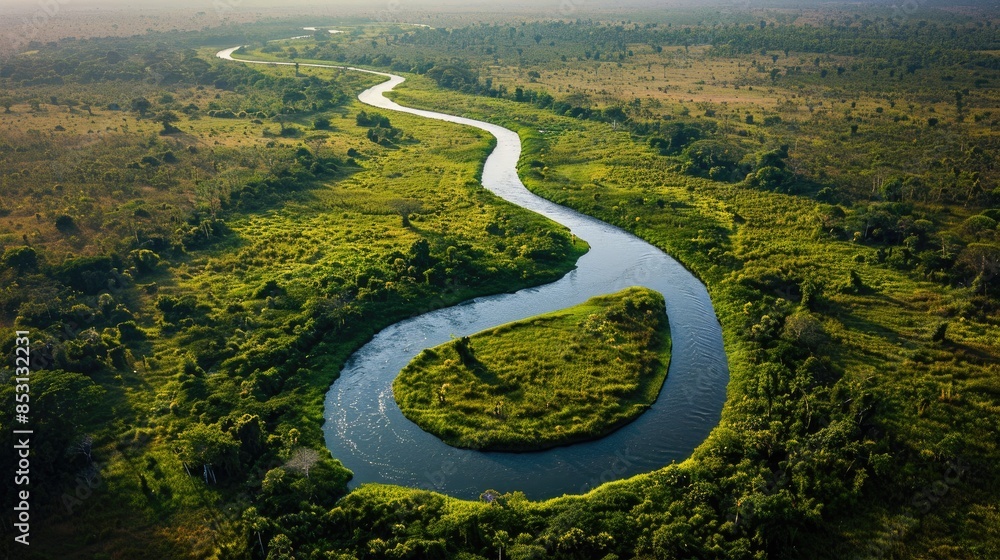 From an aerial perspective a serpentine river gracefully meanders ...