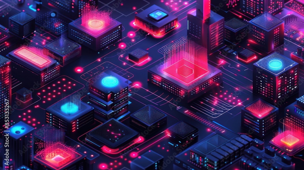 Isometric Illustration Analysis Big Data And Data Stream Digital Datacenter Database Hosting