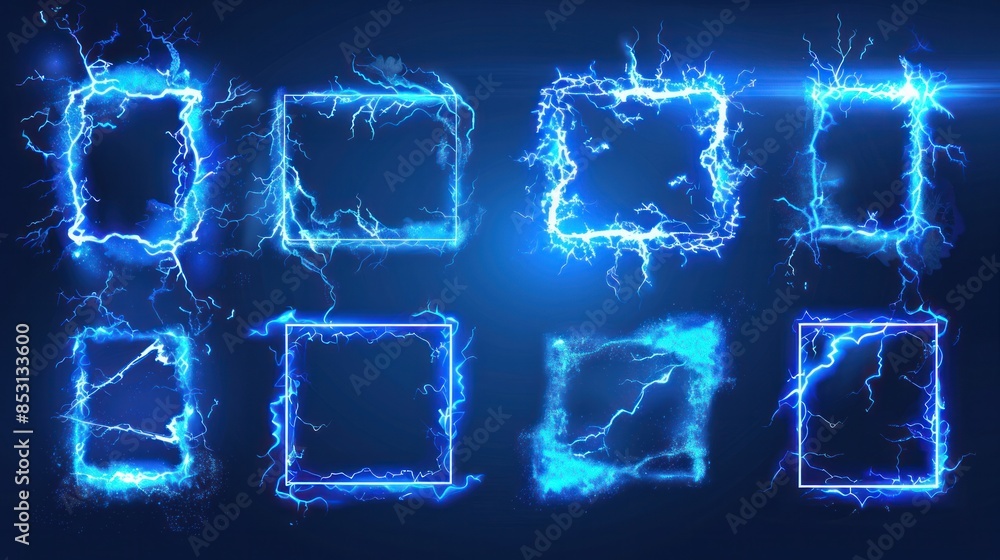 Lightning frames, blue electric borders of rectangular and square ...