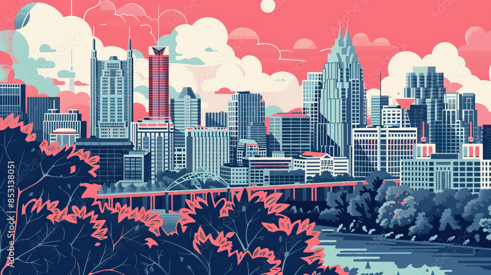 Risograph print travel poster illustration of Nashville, Tennessee ...