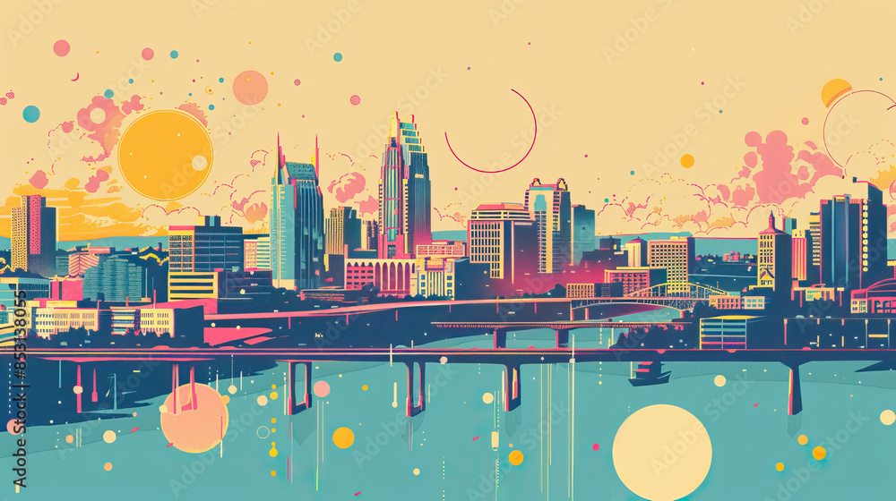 Risograph print travel poster illustration of Nashville, Tennessee ...