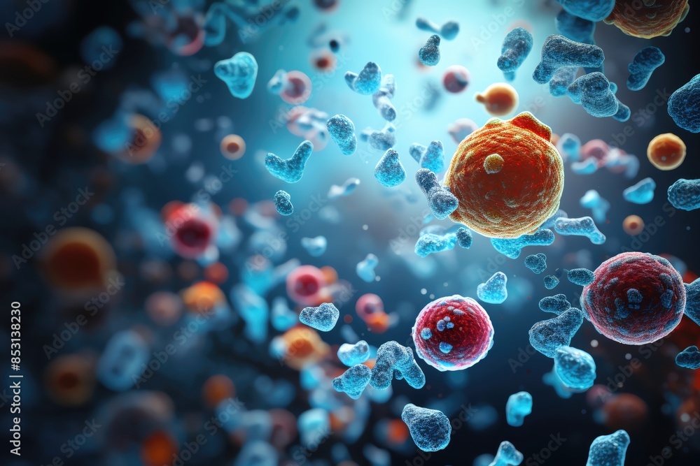 Abstract depiction of microscopic cells and particles, illustrating ...