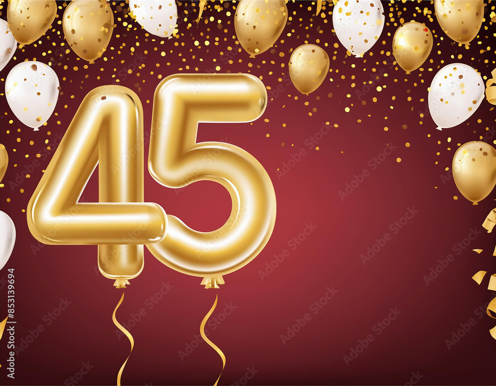 Number 45 celebration golden balloons, confetti and ribbons. Vector ...