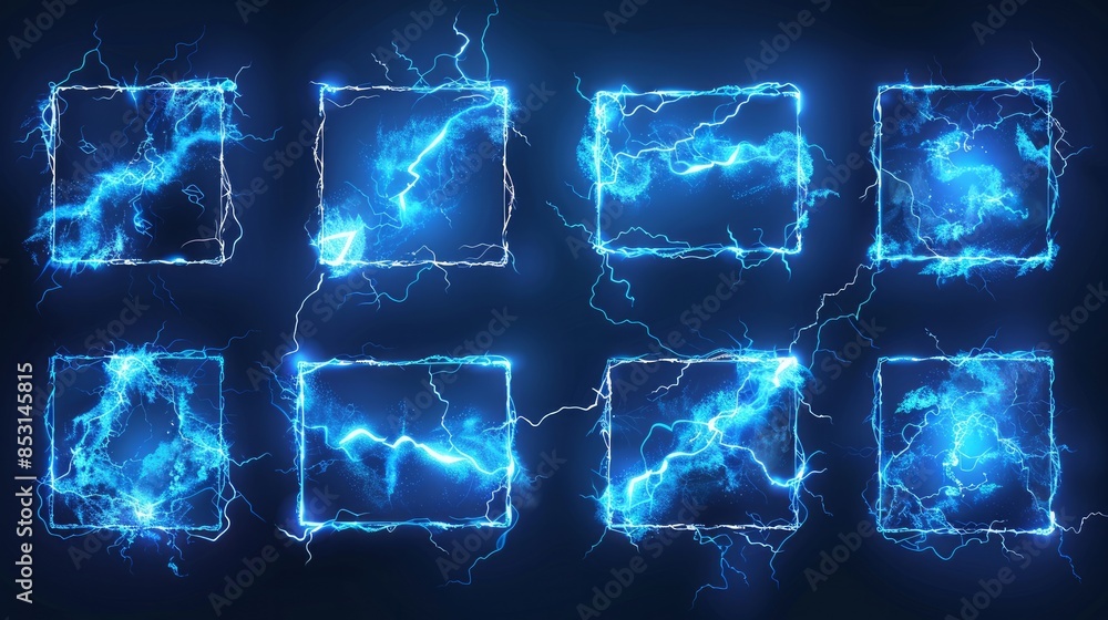 Lightning frames, blue electric borders of rectangular and square ...