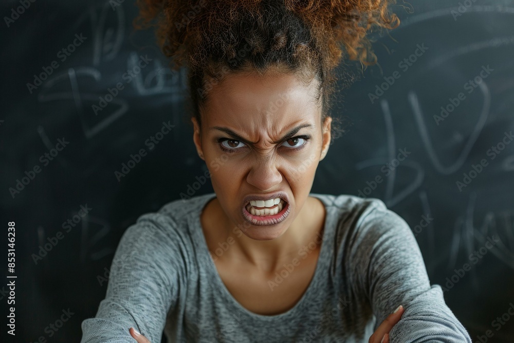 Angry teacher expressing frustration in classroom against blackboard ...
