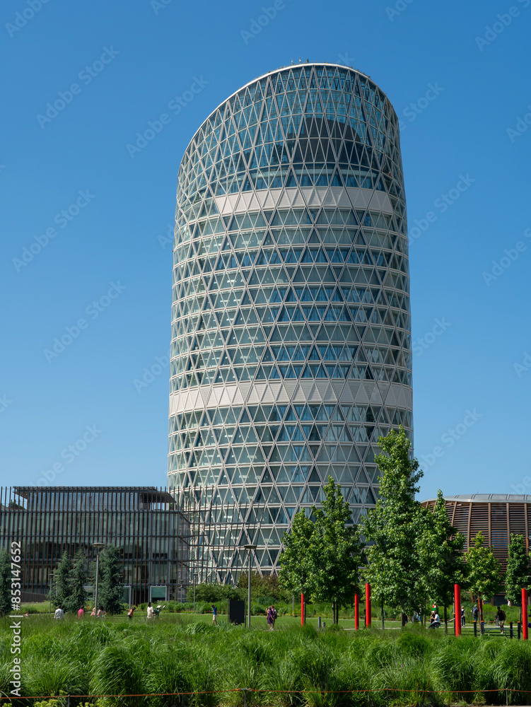 Milano, Italy. Aerial view of the iconic UnipolSai tower at Porta Nuova ...