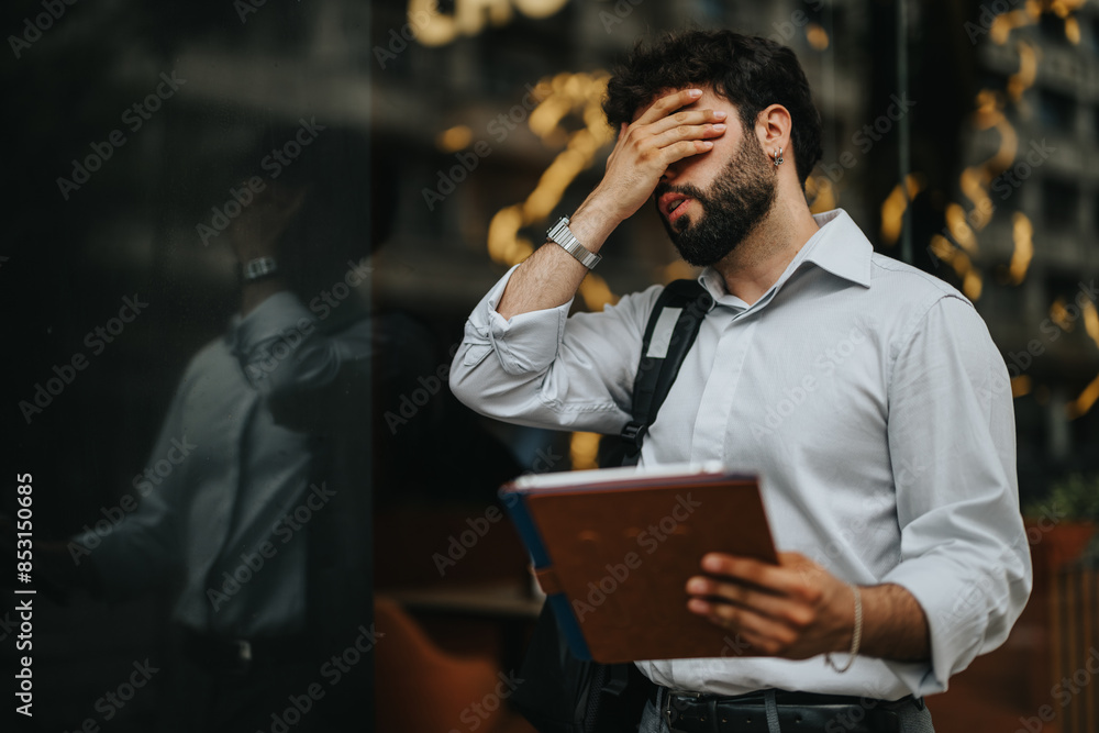 Stressed businessman outdoors holding a notebook and covering his face ...