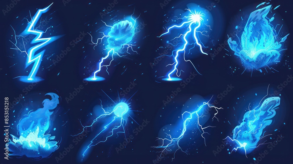 Cartoon lightning animation. Animated frames of electric strike, magic ...
