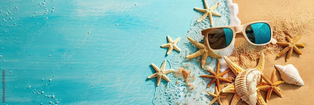 summer vacation, beach scene with blue ocean waves on the sandy shore ...