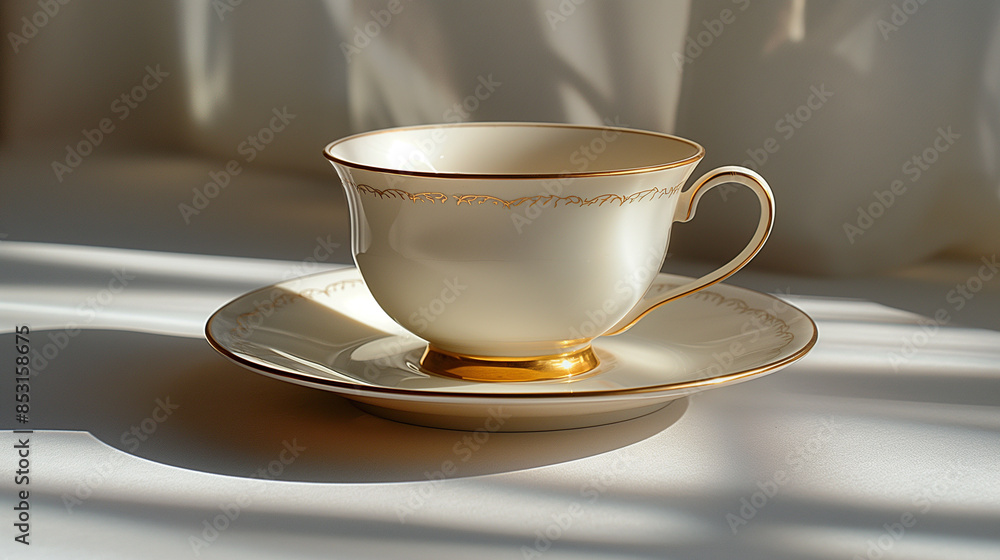 The sharp silhouette of a teacup and saucer creates a stark contrast ...