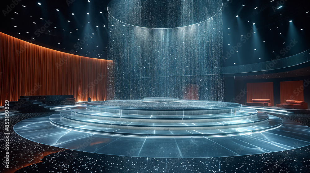 The podium stage, designed with a transparent acrylic base and a ...